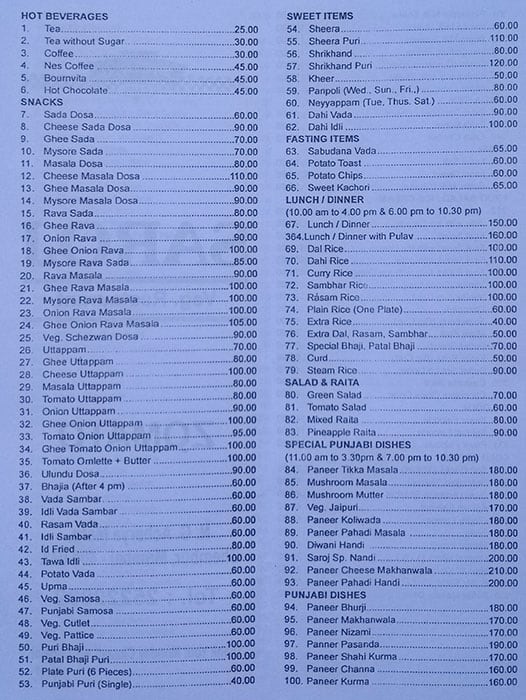 Menu of Saroj, Chembur, Mumbai