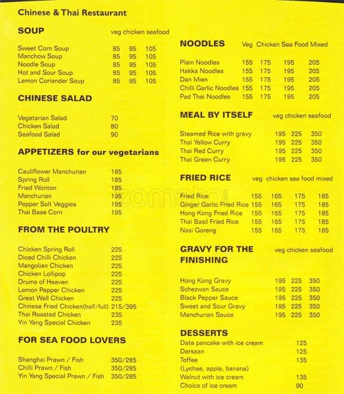 Menu at Yin Yang, Bengaluru