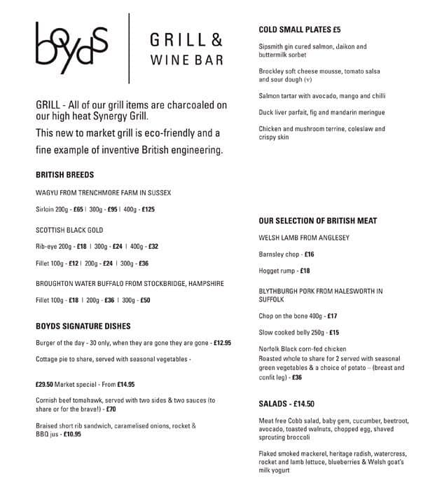 Menu at Boyds Grill & Wine Bar, London, 8 Northumberland Ave