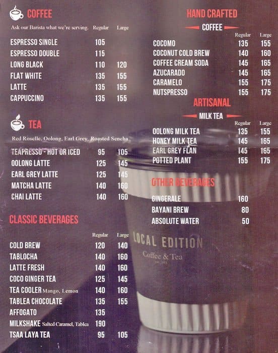 Menu at Local Edition Coffee & Tea cafe, Makati, 116 Perea