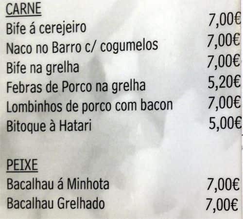 Menu at Hatari restaurant, Lisbon