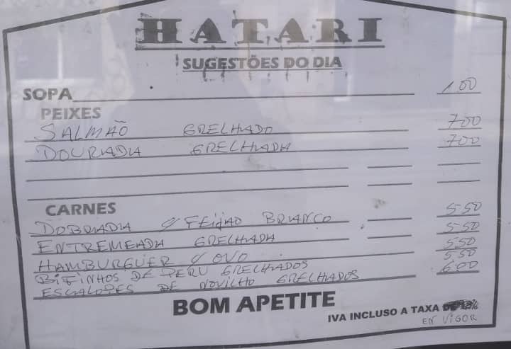 Menu at Hatari restaurant, Lisbon