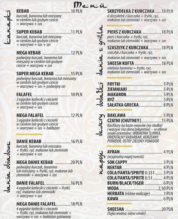 Menu at Aladdin Kebab restaurant, Warsaw