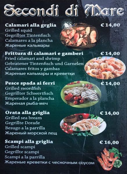 Menu au Ristorante La Taverna, Rome