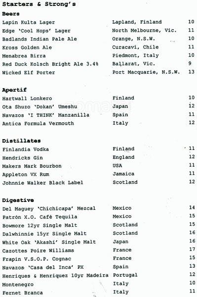 Menu at Cafe Pacifico, Darlinghurst, 1/95 Riley St