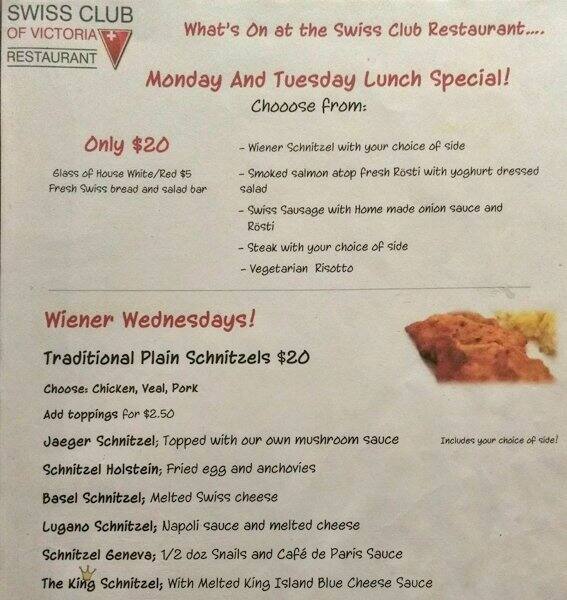 Menu at Swiss Club Restaurant, Melbourne