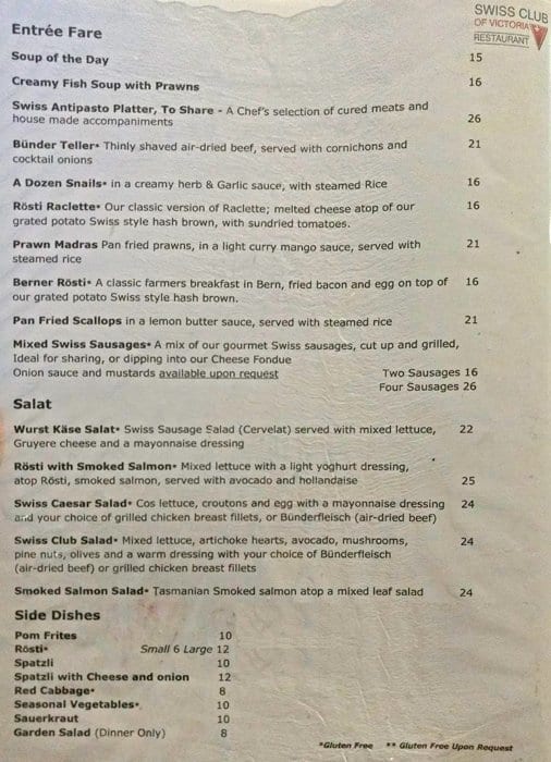 Menu at Swiss Club Restaurant, Melbourne