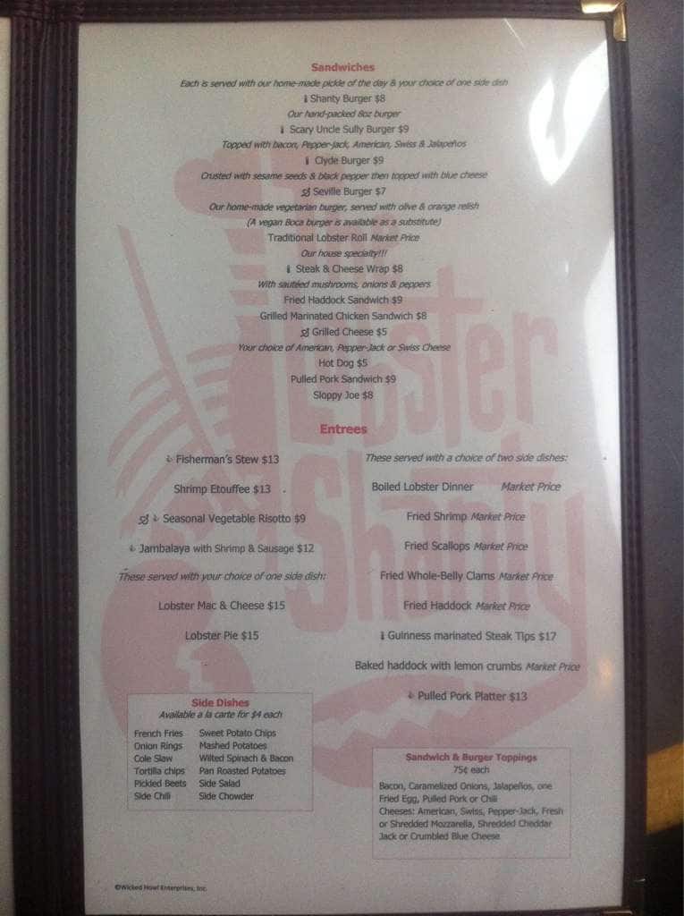 Menu at The Lobster Shanty pub & bar, Salem, 25 Front St