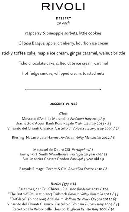 Menu at Rivoli pub & bar, Berkeley