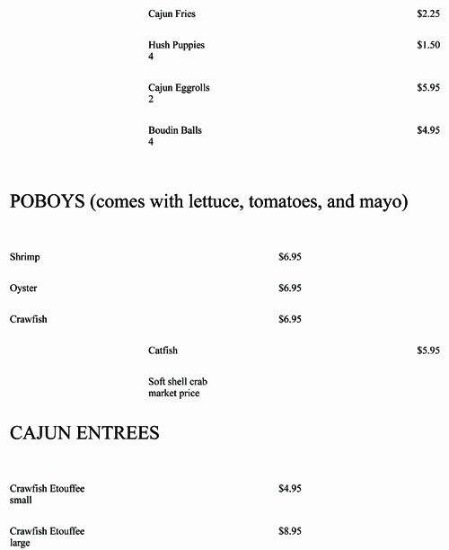 Menu at Crawfish Shack & Oyster Bar, Austin, Wells Branch Pkwy #106