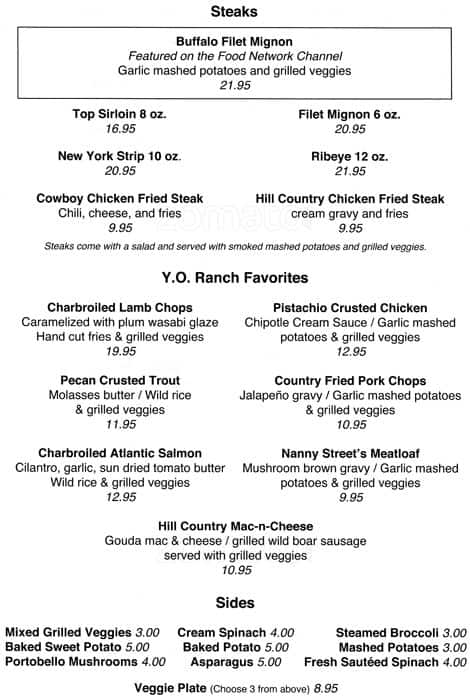 Menu at Y.O. Ranch Steakhouse, Dallas