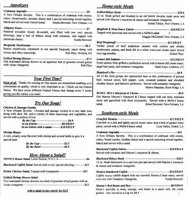 Menu at NoNo's Cafe, Littleton, W County Line Rd