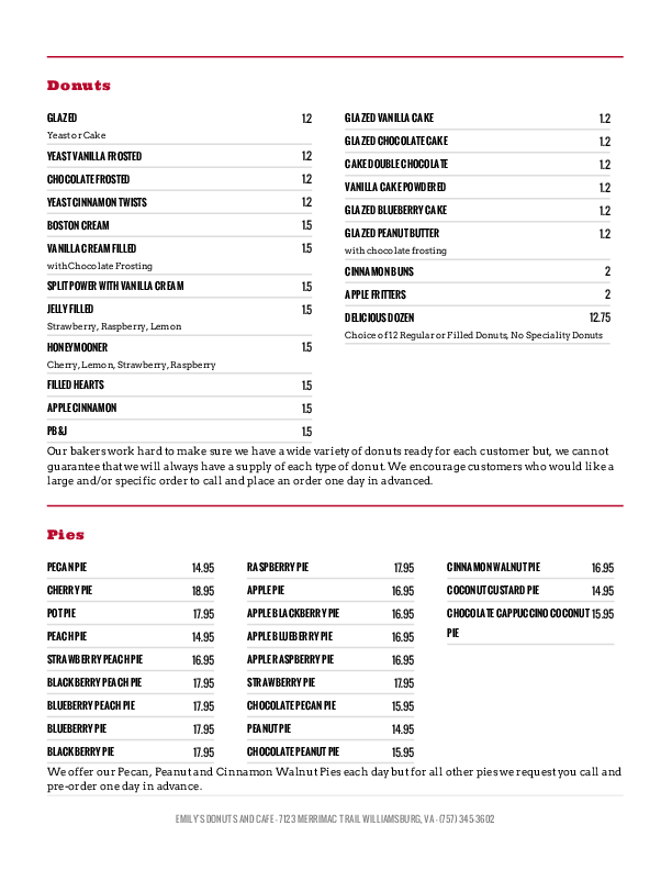 Menu at Emily's Donuts and Café cafe, Williamsburg
