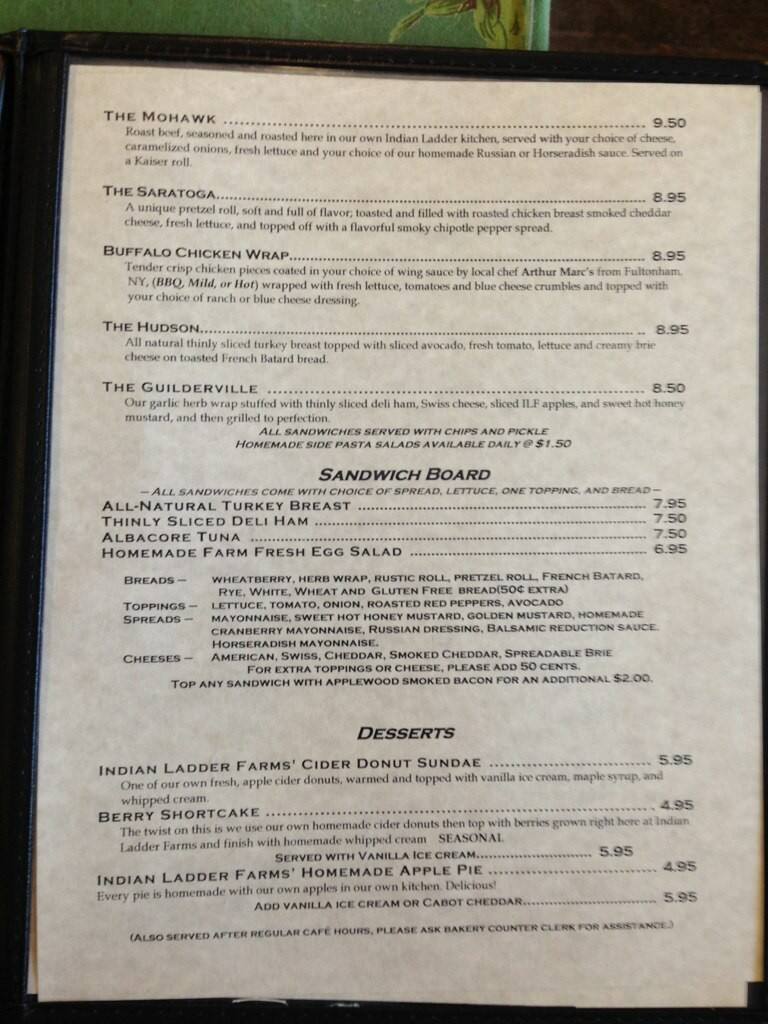 Menu at Indian Ladder Farms cafe, Guilderland Center, 342 Altamont Rd