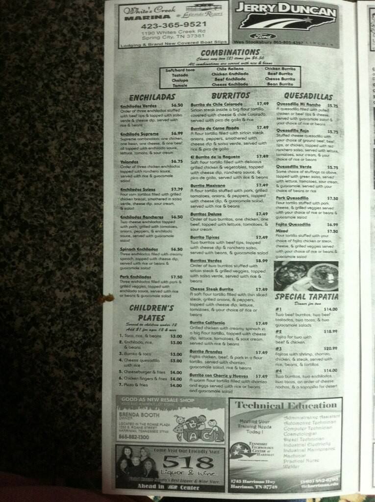 Menu at El Patron restaurant, Rockwood