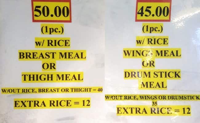 Menu at Pritong Manok restaurant, Cebu City, Colonnade Mall