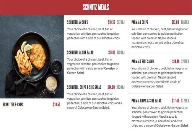 Menu at Schnitz restaurant, Springfield Central