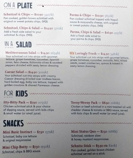 Menu at Schnitz fast food, Springfield Central