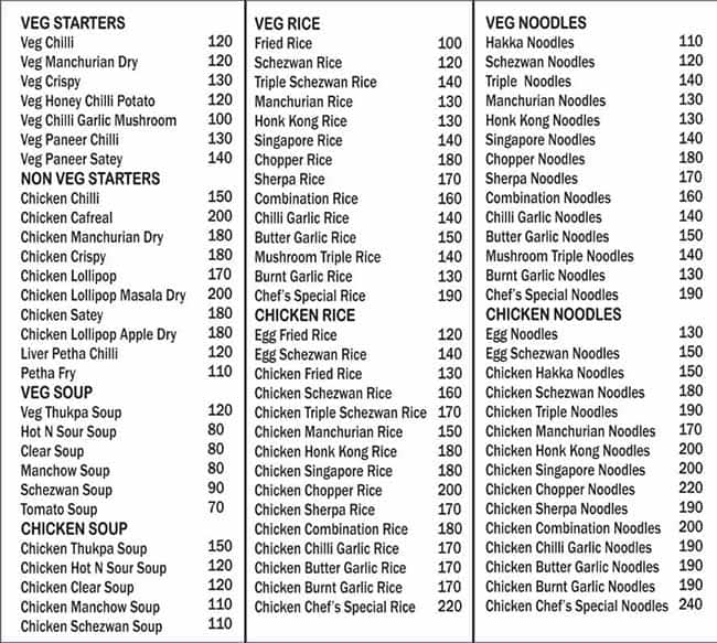 Menu of Classic China Town, Bhandup, Mumbai