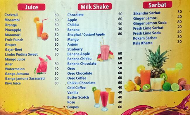 Menu of Pintu Juice Center, Parel, Mumbai