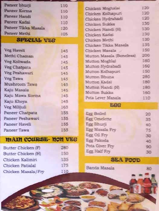 Menu of Manisha Restaurant & Bar, Sakinaka, Mumbai