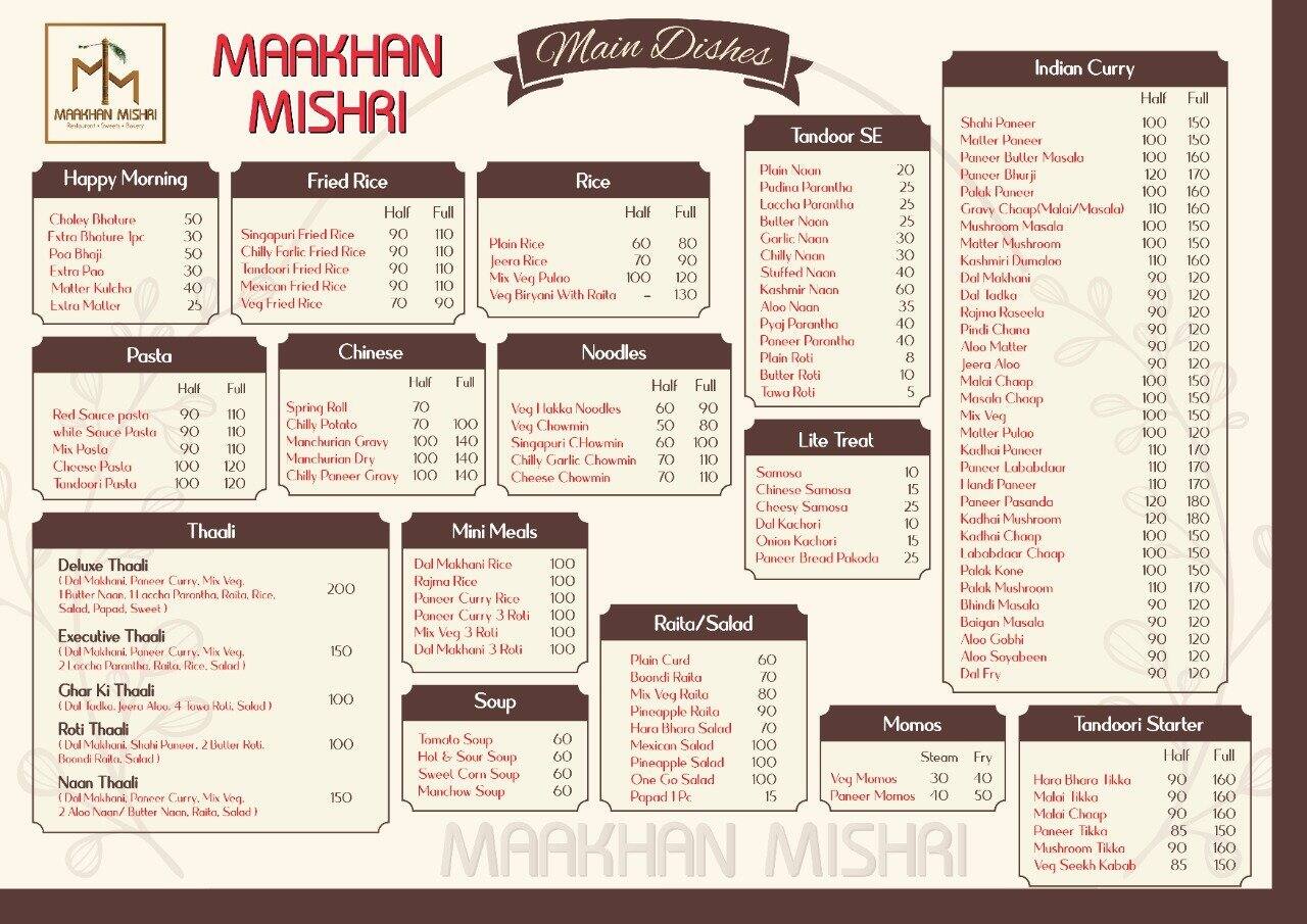 Menu of Maakhan Mishri, Rohini, New Delhi