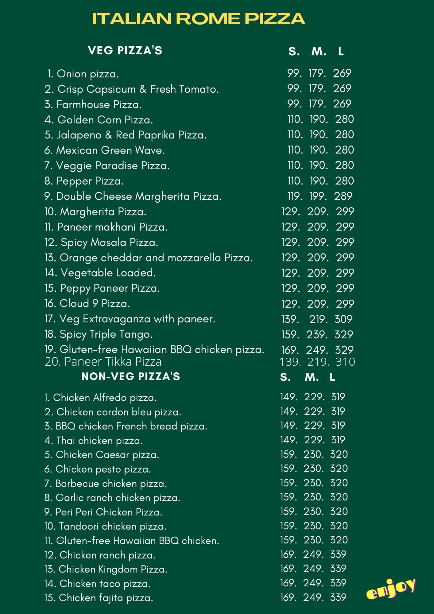Menu of Italian Rome Pizza, RTC X roads, Hyderabad