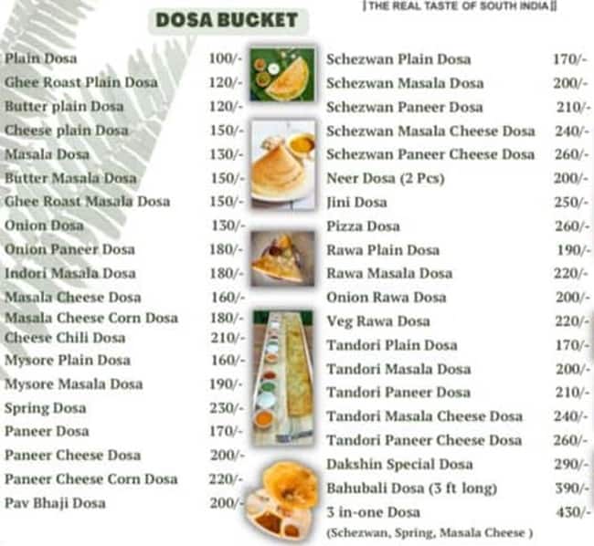 Menu of Dakshin - The Real Taste of South India, By Pass Road (South ...