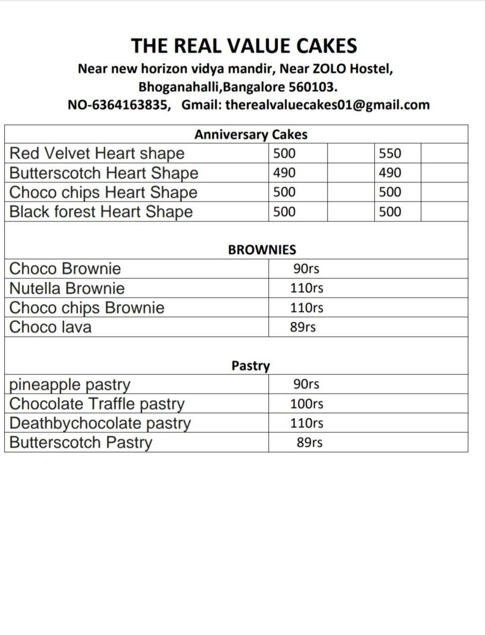 Menu of The Real Value Cakes, Bellandur, Bangalore