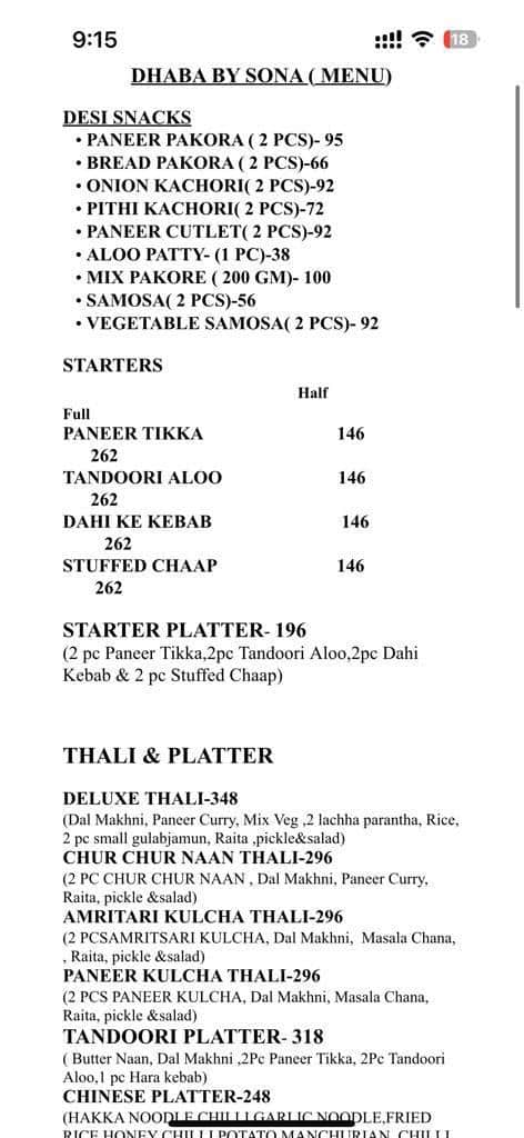 Menu of Dhaba By Sona, Nehru Place, New Delhi