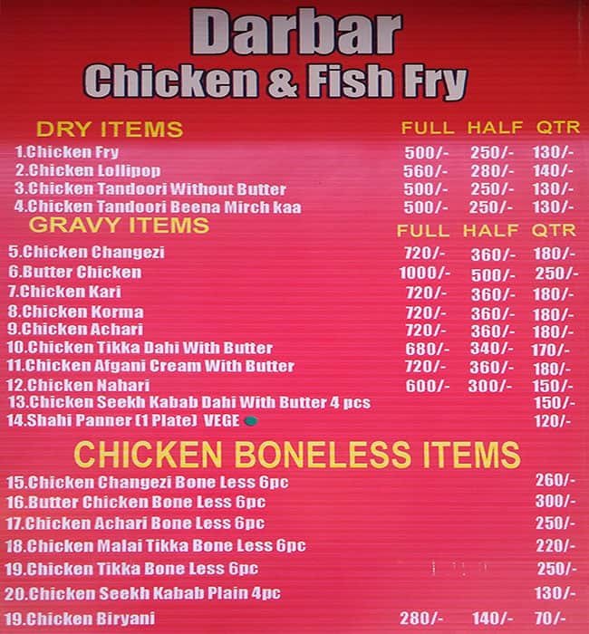 Menu at Darbar Chicken & Fish Fry, Delhi, metro pillar no