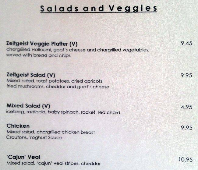 Menu at Zeitgeist London pub & bar, London, 49-51 Black Prince Rd