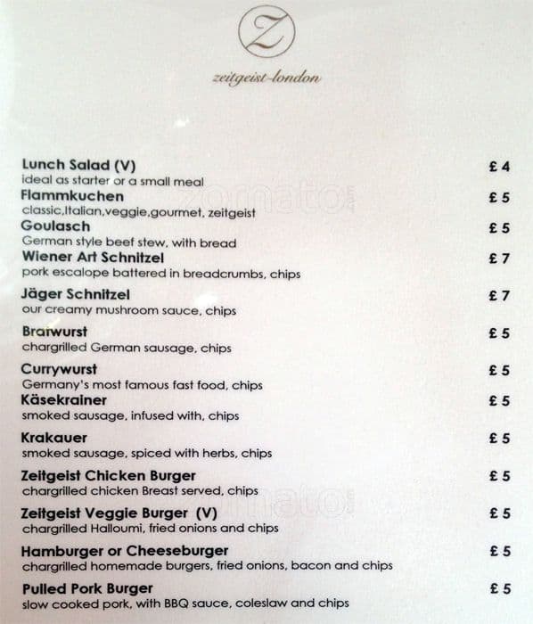 Menu at Zeitgeist London pub & bar, London, 49-51 Black Prince Rd