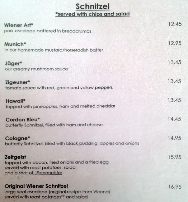 Menu at Zeitgeist London pub & bar, London, 49-51 Black Prince Rd
