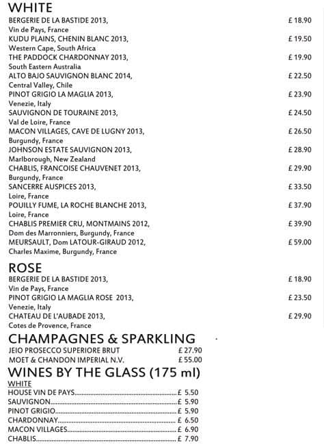 Carta del pub y bar The Sydney Arms, Londres, 70 Sydney St