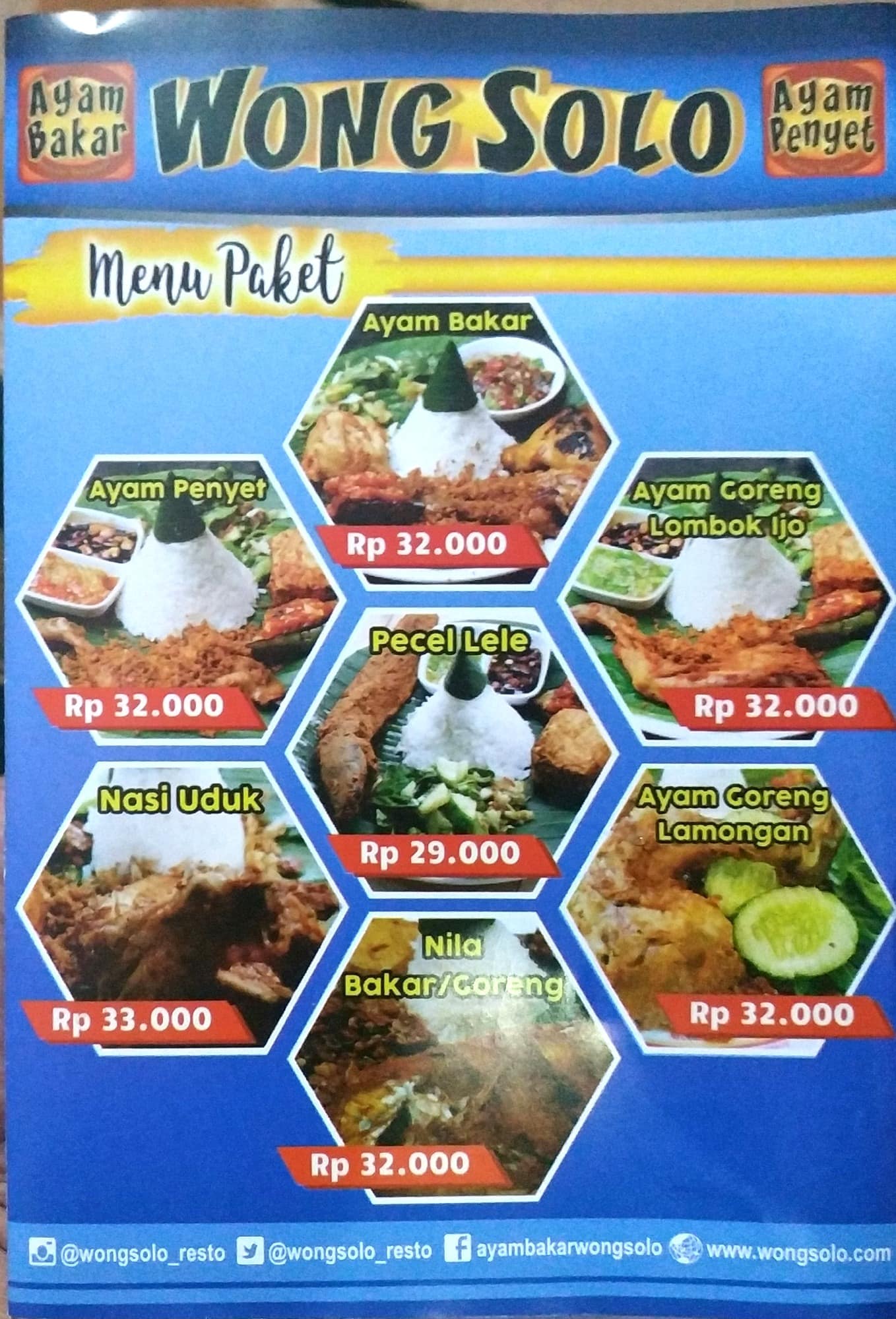 Menu at Ayam Bakar Wong Solo restaurant, Jakarta, Jl. Lapangan Ros ...