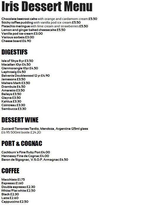 Menu at Iris restaurant, Edinburgh