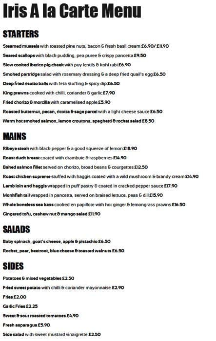 Menu at Iris restaurant, Edinburgh