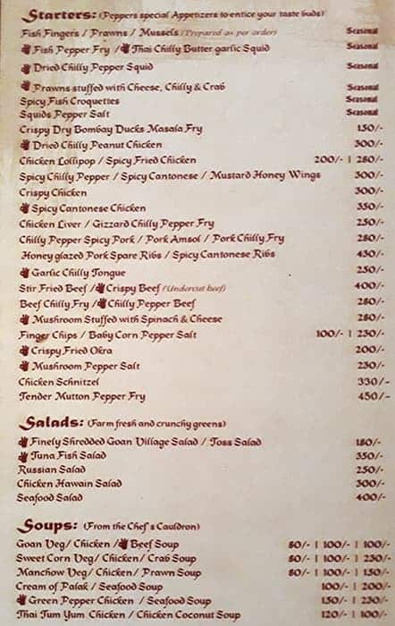 Menu of Peppers, Margao, Goa