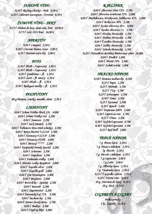 Menu at Reštaurácia & Vináreň Buganka pub & bar, Nitra