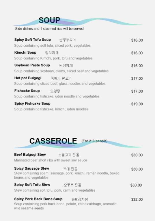 Menu at Soolzip Korean Restaurant, West Melbourne