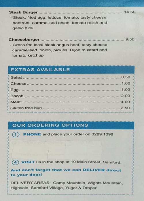 Menu at Samford Seafood & Burger Bar, Samford Village