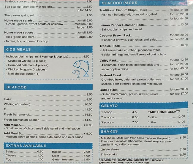 Menu at Samford Seafood & Burger Bar, Samford Village