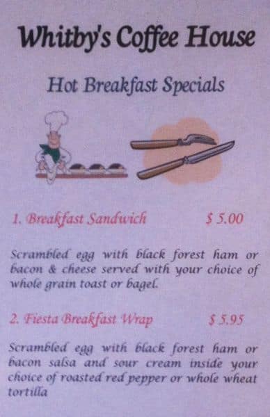 Menu at Whitby's Coffee House, White Rock
