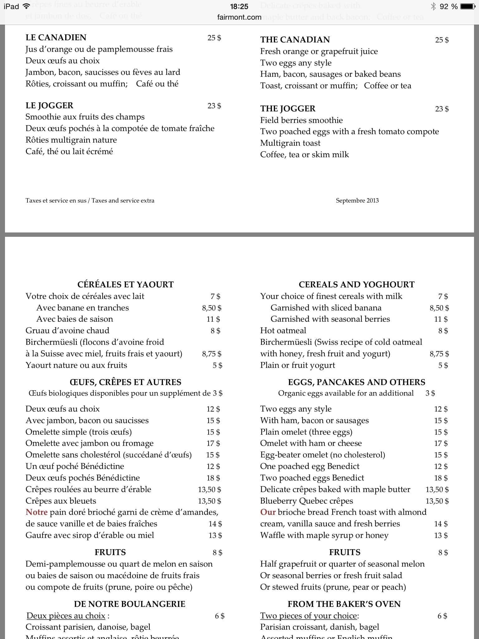 Menu at Hotel Fairmont The Queen Elizabeth restaurant, Montreal, 900 ...