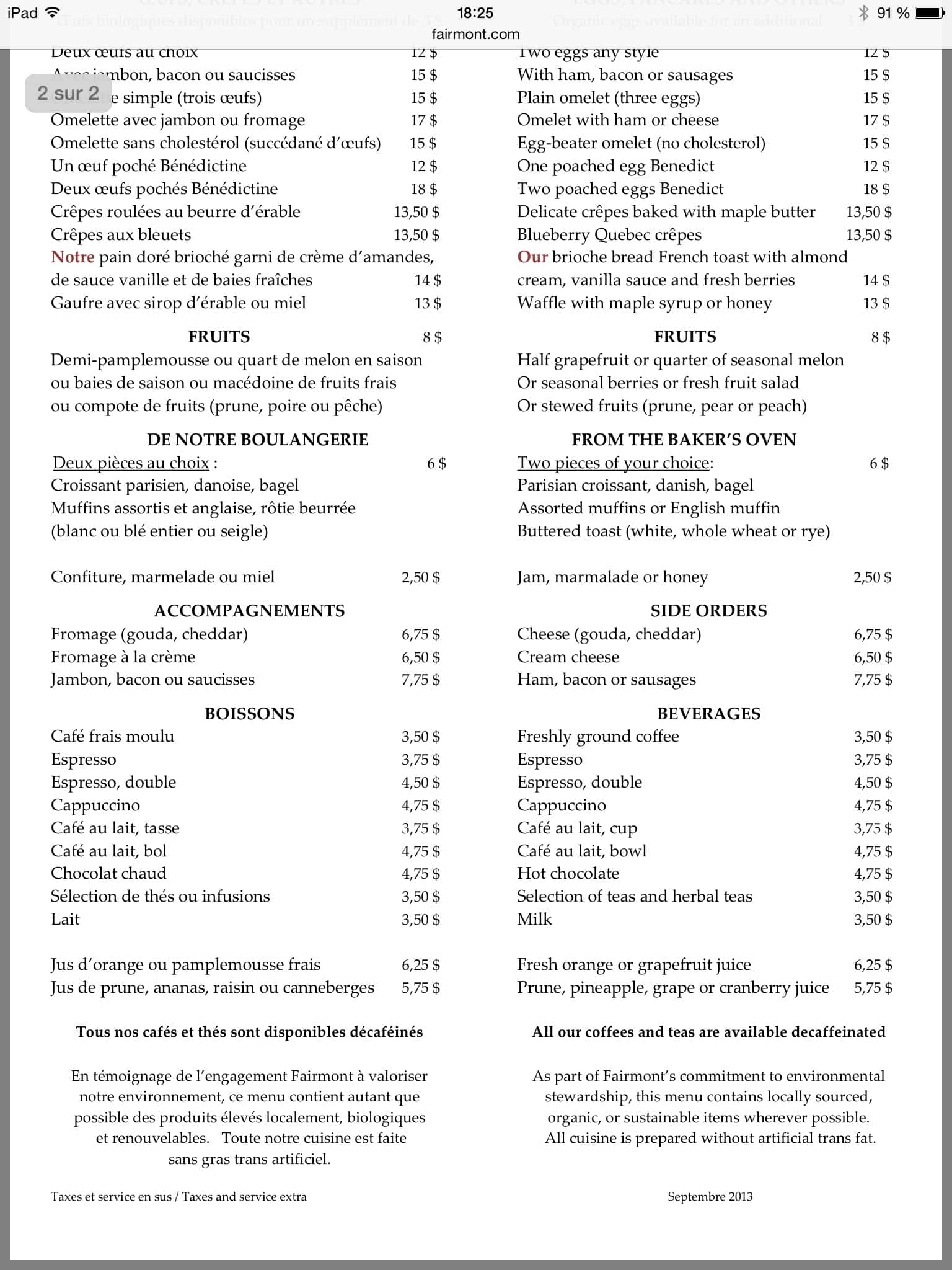 Menu at Hotel Fairmont The Queen Elizabeth restaurant, Montreal, 900 ...