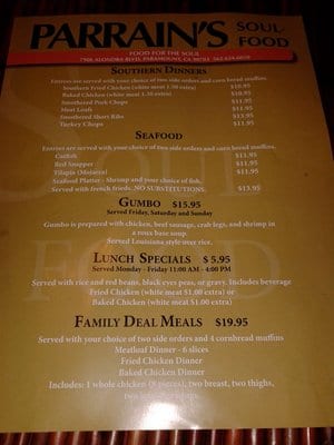 Menu at Parrain's Soul Food restaurant, Paramount
