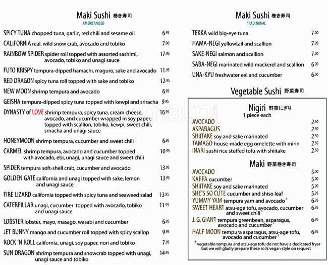 Menu at Moshi Moshi restaurant, San Francisco