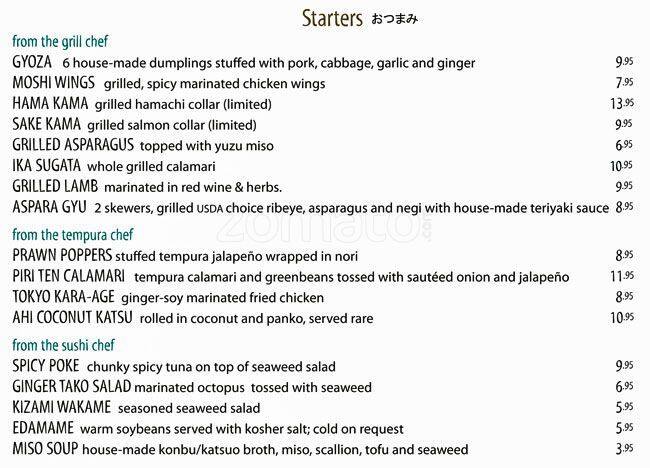 Menu at Moshi Moshi restaurant, San Francisco