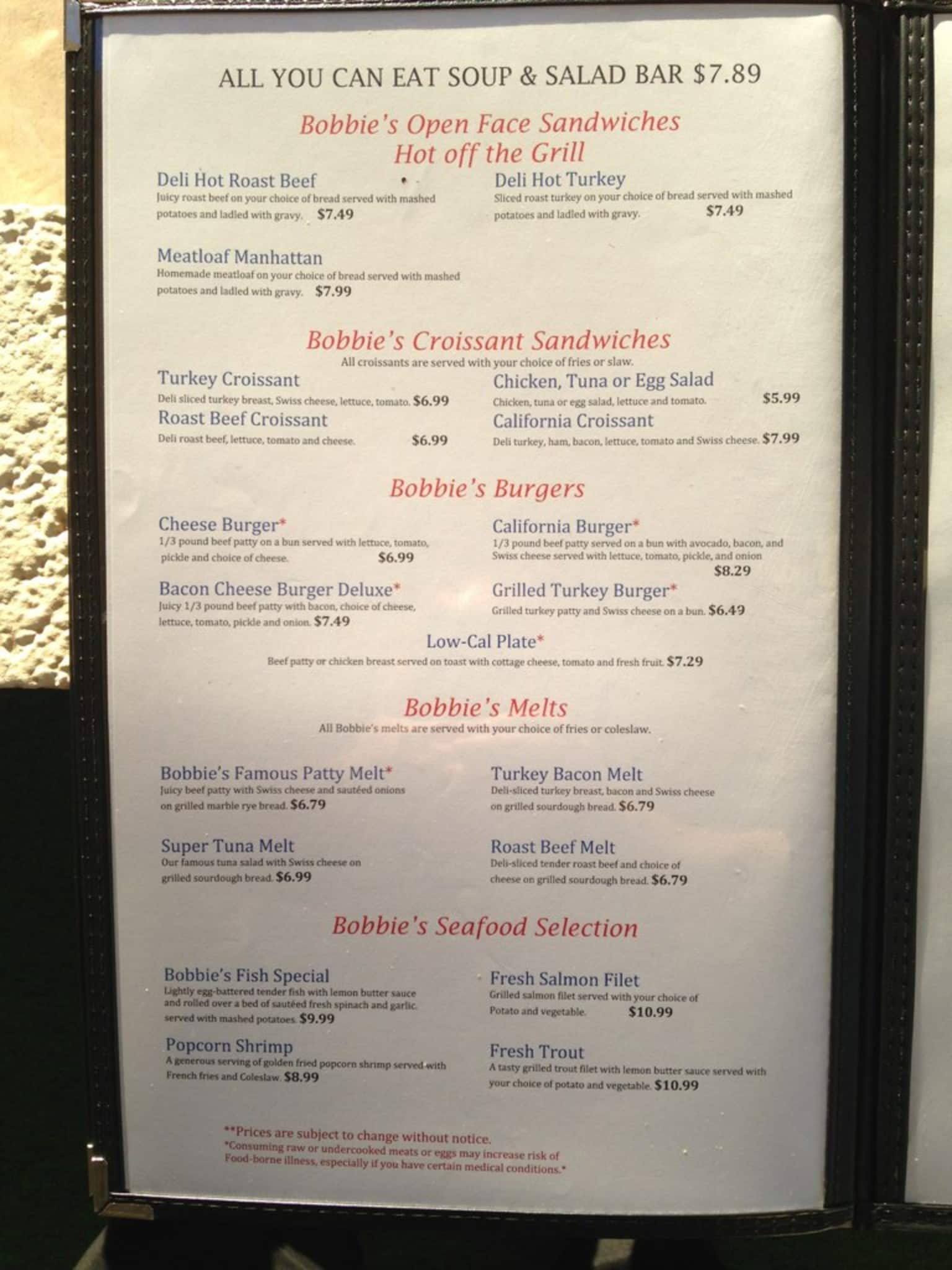 Menu at Bobbie's Cafe, Sun City